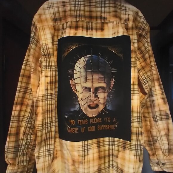 Tops | Upcycled Bleached Flannel Shirt W Custom Hellraiser Back Patch ...